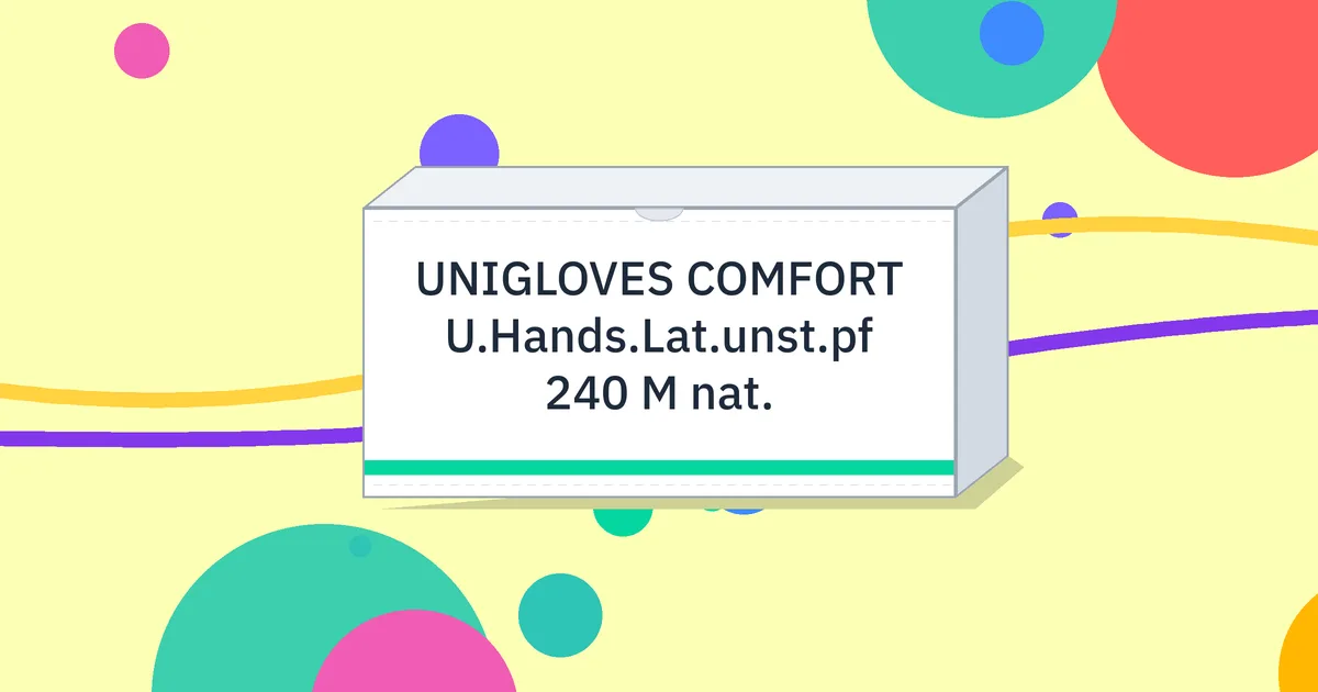 Symbolbild: Packung mit der Aufschrift UNIGLOVES COMFORT U.Hands.Lat.unst.pf 240 M nat. (PZN 18100699) – Verfügbarkeit und Bezug in Apotheken in Frankfurt am Main