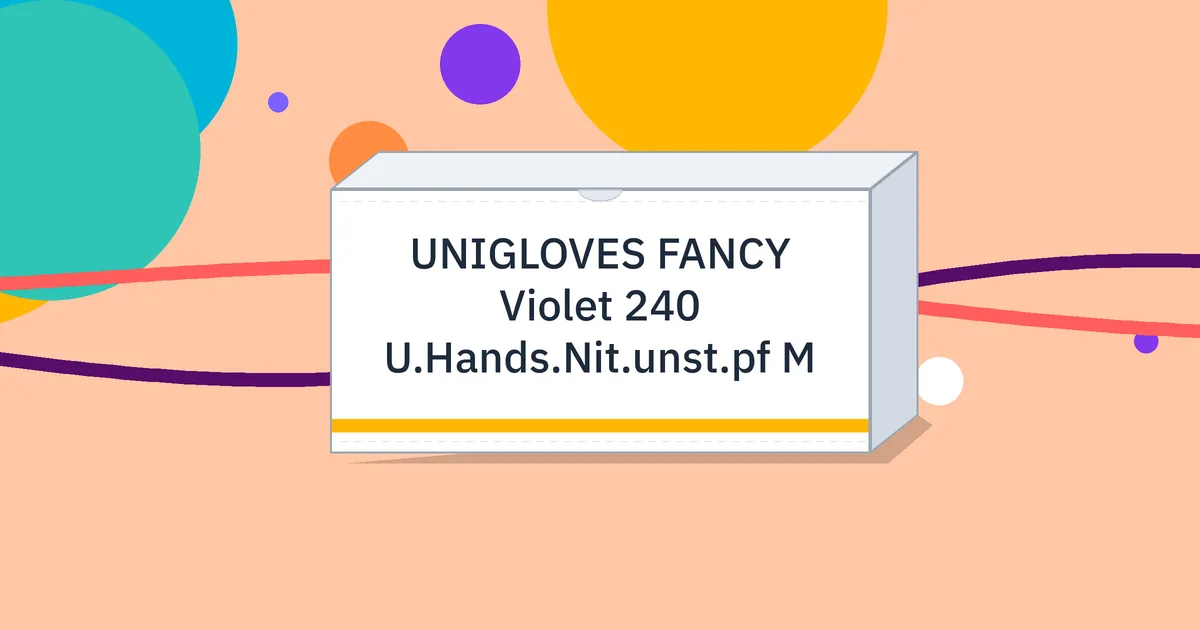 Symbolbild: Packung mit der Aufschrift UNIGLOVES FANCY Violet 240 U.Hands.Nit.unst.pf M (PZN 18725927) – Verfügbarkeit und Bezug in Apotheken in Frankfurt am Main