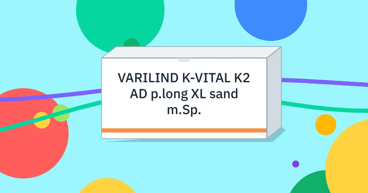 Symbolbild: Packung mit der Aufschrift VARILIND K-VITAL K2 AD p.long XL sand m.Sp. (PZN 20567542) – Verfügbarkeit und Bezug in Apotheken in Frankfurt am Main