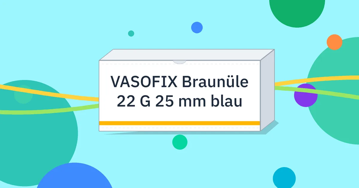 Symbolbild: Packung mit der Aufschrift VASOFIX Braunüle 22 G 25 mm blau (PZN 16574743) – Verfügbarkeit und Bezug in Apotheken in Frankfurt am Main