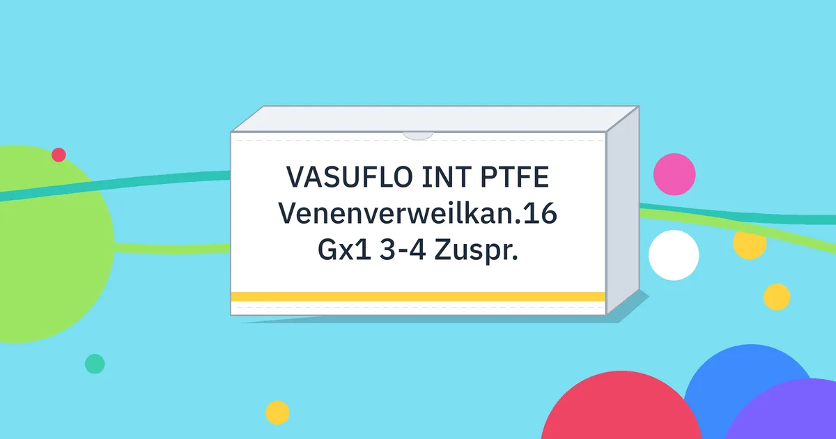 Symbolbild: Packung mit der Aufschrift VASUFLO INT PTFE Venenverweilkan.16 Gx1 3-4 Zuspr. (PZN 18387028) – Verfügbarkeit und Bezug in Apotheken in Frankfurt am Main