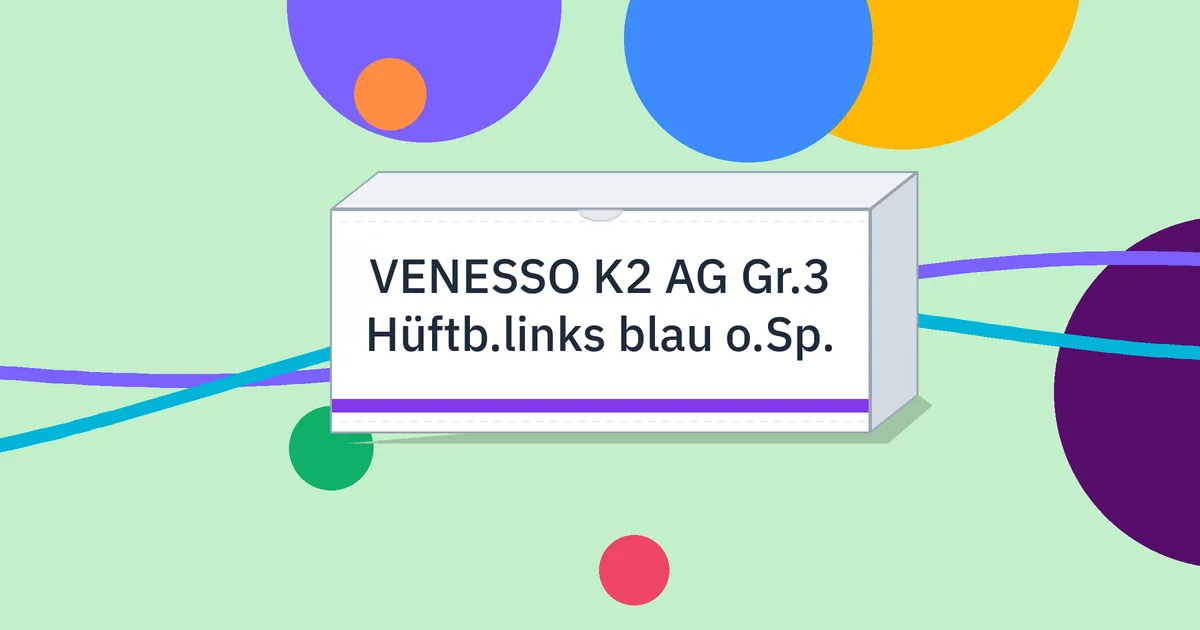 Symbolbild: Packung mit der Aufschrift VENESSO K2 AG Gr.3 Hüftb.links blau o.Sp. (PZN 03269263) – Verfügbarkeit und Bezug in Apotheken in Frankfurt am Main