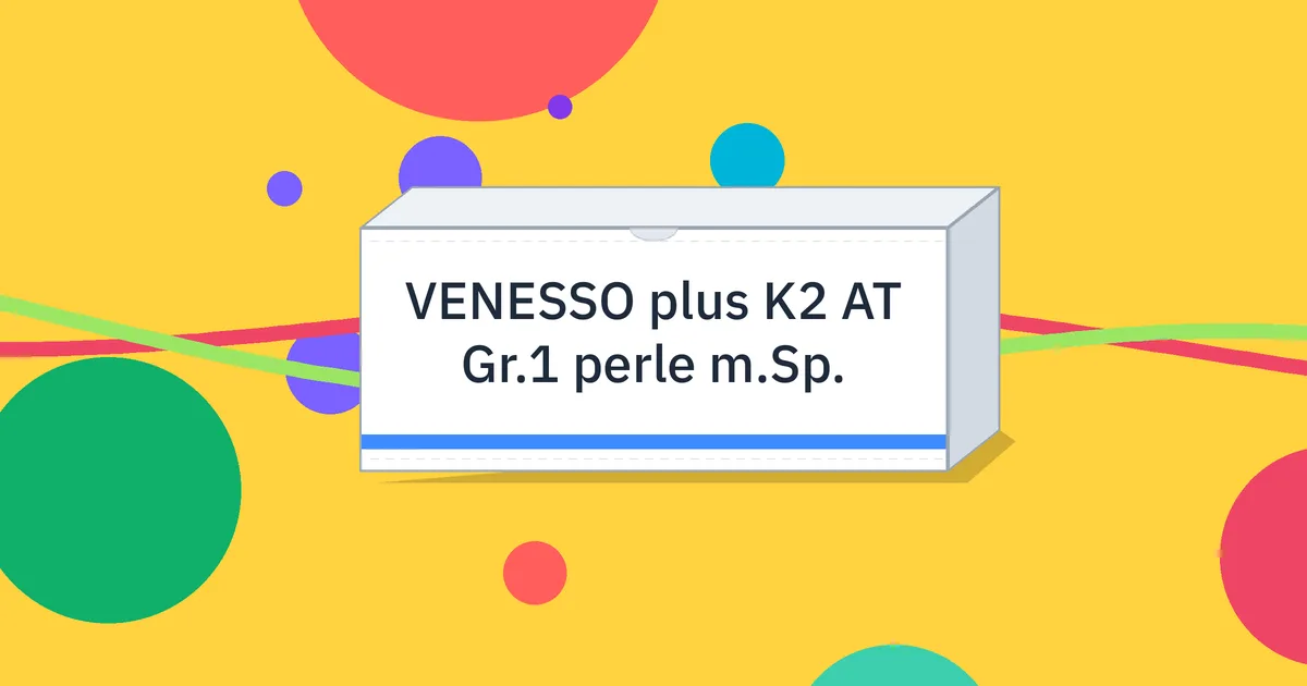 Symbolbild: Packung mit der Aufschrift VENESSO plus K2 AT Gr.1 perle m.Sp. (PZN 03285888) – Verfügbarkeit und Bezug in Apotheken in Frankfurt am Main