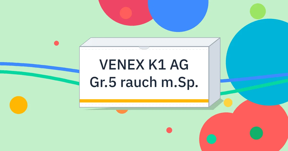 Symbolbild: Packung mit der Aufschrift VENEX K1 AG Gr.5 rauch m.Sp. (PZN 03186755) – Verfügbarkeit und Bezug in Apotheken in Frankfurt am Main