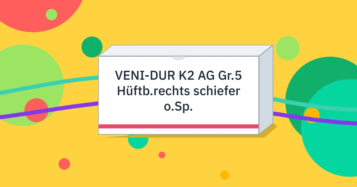 Symbolbild: Packung mit der Aufschrift VENI-DUR K2 AG Gr.5 Hüftb.rechts schiefer o.Sp. (PZN 03254184) – Verfügbarkeit und Bezug in Apotheken in Frankfurt am Main