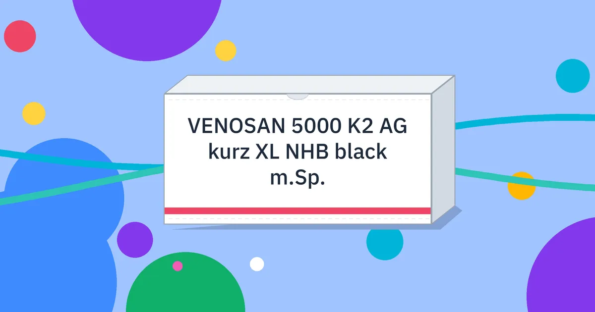 Symbolbild: Packung mit der Aufschrift VENOSAN 5000 K2 AG kurz XL NHB black m.Sp. (PZN 14433837) – Verfügbarkeit und Bezug in Apotheken in Frankfurt am Main