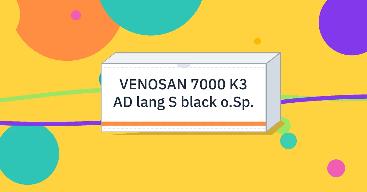 Symbolbild: Packung mit der Aufschrift VENOSAN 7000 K3 AD lang S black o.Sp. (PZN 14436072) – Verfügbarkeit und Bezug in Apotheken in Frankfurt am Main
