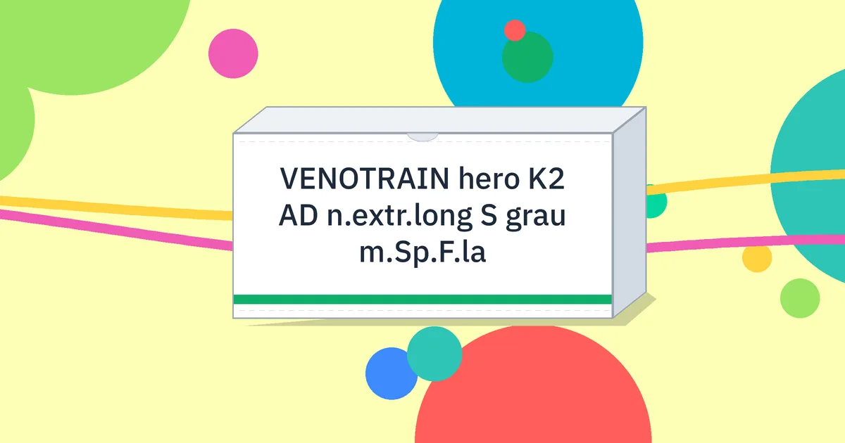 Symbolbild: Packung mit der Aufschrift VENOTRAIN hero K2 AD n.extr.long S grau m.Sp.F.la (PZN 19190523) – Verfügbarkeit und Bezug in Apotheken in Frankfurt am Main