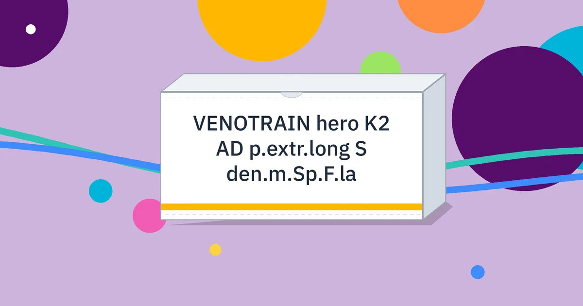 Symbolbild: Packung mit der Aufschrift VENOTRAIN hero K2 AD p.extr.long S den.m.Sp.F.la (PZN 19191250) – Verfügbarkeit und Bezug in Apotheken in Frankfurt am Main