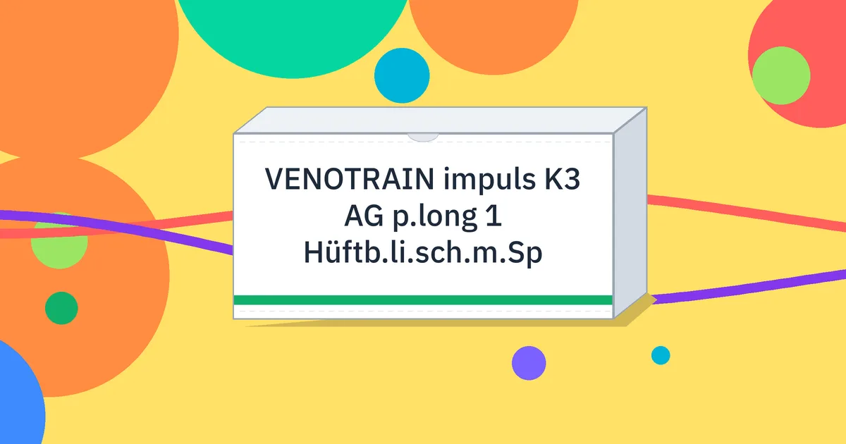 Symbolbild: Packung mit der Aufschrift VENOTRAIN impuls K3 AG p.long 1 Hüftb.li.sch.m.Sp (PZN 10295781) – Verfügbarkeit und Bezug in Apotheken in Frankfurt am Main