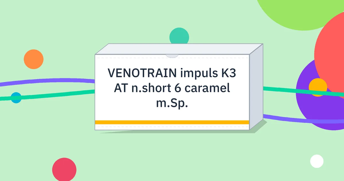 Symbolbild: Packung mit der Aufschrift VENOTRAIN impuls K3 AT n.short 6 caramel m.Sp. (PZN 19354924) – Verfügbarkeit und Bezug in Apotheken in Frankfurt am Main