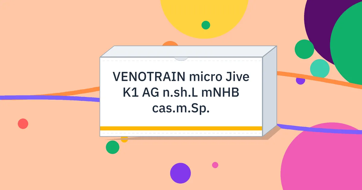 Symbolbild: Packung mit der Aufschrift VENOTRAIN micro Jive K1 AG n.sh.L mNHB cas.m.Sp. (PZN 20766253) – Verfügbarkeit und Bezug in Apotheken in Frankfurt am Main