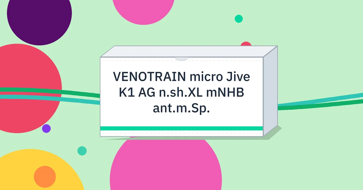 Symbolbild: Packung mit der Aufschrift VENOTRAIN micro Jive K1 AG n.sh.XL mNHB ant.m.Sp. (PZN 17761022) – Verfügbarkeit und Bezug in Apotheken in Frankfurt am Main