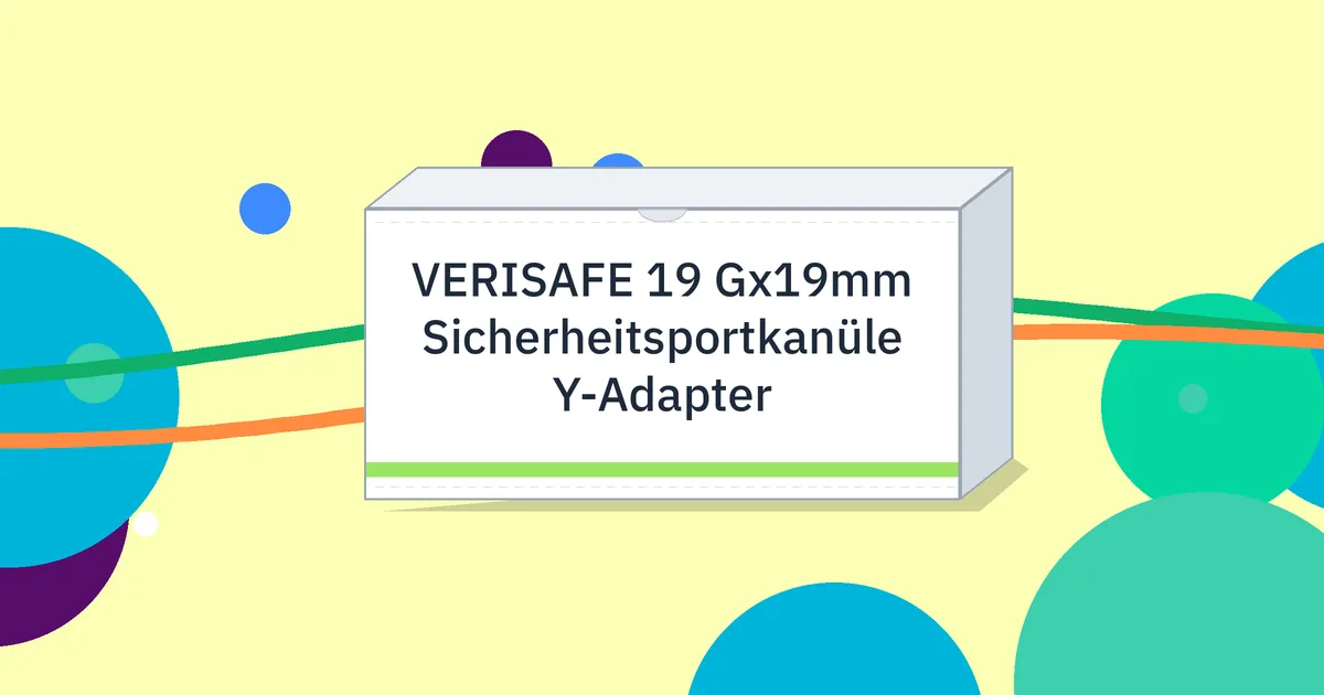 Symbolbild: Packung mit der Aufschrift VERISAFE 19 Gx19mm Sicherheitsportkanüle Y-Adapter (PZN 19298031) – Verfügbarkeit und Bezug in Apotheken in Frankfurt am Main