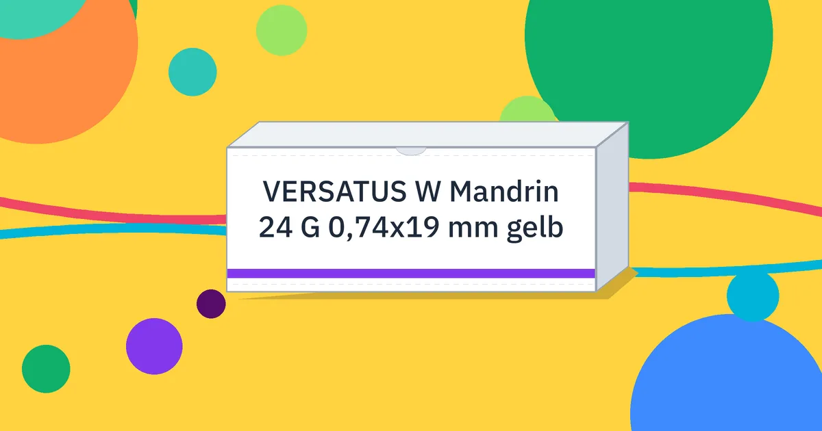 Symbolbild: Packung mit der Aufschrift VERSATUS W Mandrin 24 G 0,74x19 mm gelb (PZN 15590496) – Verfügbarkeit und Bezug in Apotheken in Frankfurt am Main