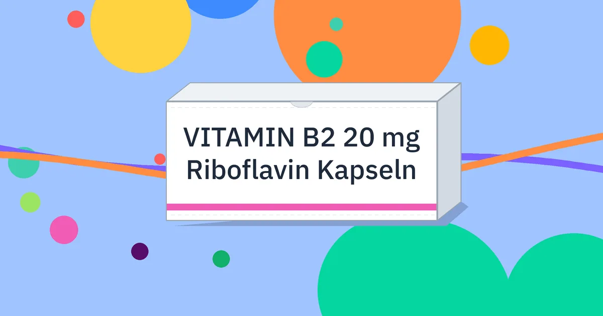 Symbolbild: Packung mit der Aufschrift VITAMIN B2 20 mg Riboflavin Kapseln (PZN 11169386) – Verfügbarkeit und Bezug in Apotheken in Frankfurt am Main