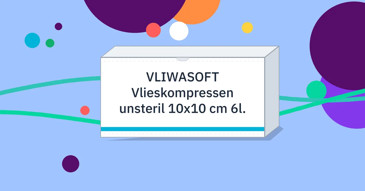 Symbolbild: Packung mit der Aufschrift VLIWASOFT Vlieskompressen unsteril 10x10 cm 6l. (PZN 17834152) – Verfügbarkeit und Bezug in Apotheken in Frankfurt am Main