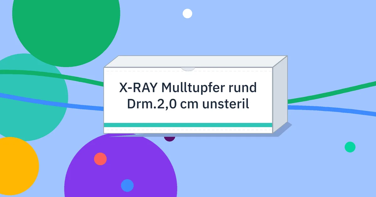 Symbolbild: Packung mit der Aufschrift X-RAY Mulltupfer rund Drm.2,0 cm unsteril (PZN 04711028) – Verfügbarkeit und Bezug in Apotheken in Frankfurt am Main