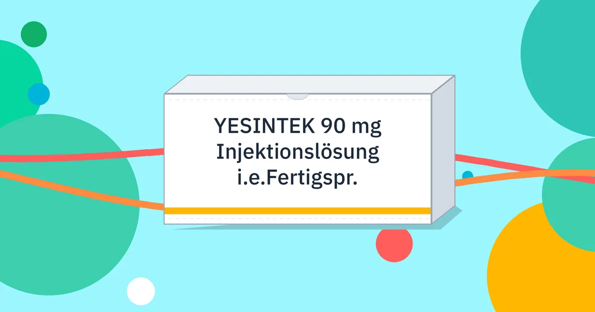 Symbolbild: Packung mit der Aufschrift YESINTEK 90 mg Injektionslösung i.e.Fertigspr. (PZN 20043098) – Verfügbarkeit und Bezug in Apotheken in Frankfurt am Main