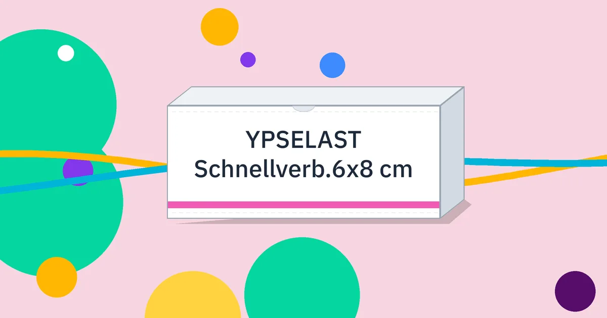 Symbolbild: Packung mit der Aufschrift YPSELAST Schnellverb.6x8 cm (PZN 12604588) – Verfügbarkeit und Bezug in Apotheken in Frankfurt am Main