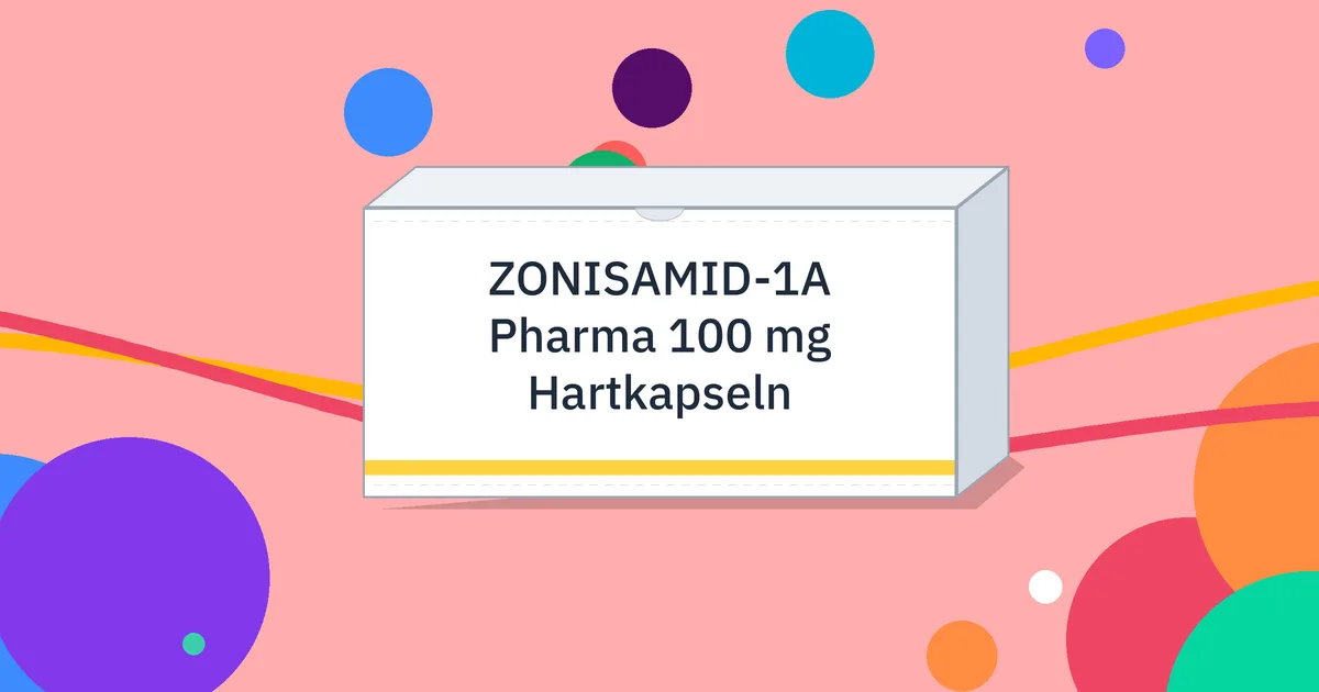Symbolbild: Packung mit der Aufschrift ZONISAMID-1A Pharma 100 mg Hartkapseln (PZN 18031857) – Verfügbarkeit und Bezug in Apotheken in Frankfurt am Main