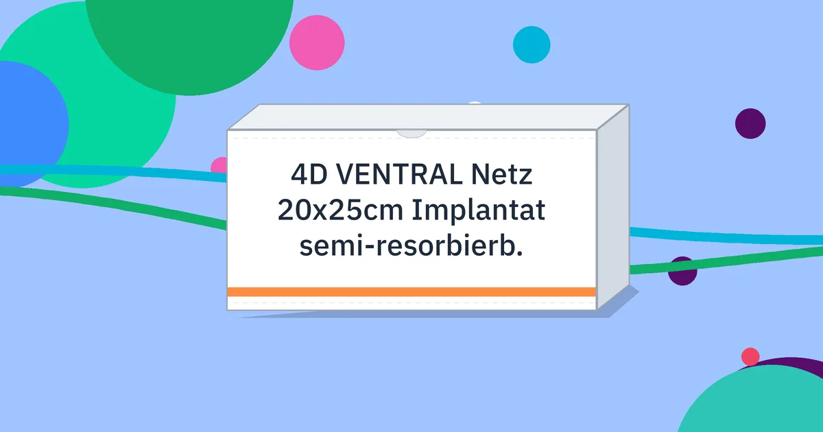 Symbolbild: Packung mit der Aufschrift 4D VENTRAL Netz 20x25cm Implantat semi-resorbierb. (PZN 19504594) – Verfügbarkeit und Bezug in Apotheken in Frankfurt am Main