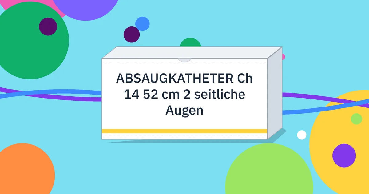 Symbolbild: Packung mit der Aufschrift ABSAUGKATHETER Ch 14 52 cm 2 seitliche Augen (PZN 03390295) – Verfügbarkeit und Bezug in Apotheken in Frankfurt am Main