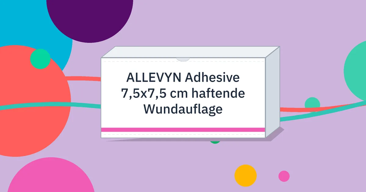 Symbolbild: Packung mit der Aufschrift ALLEVYN Adhesive 7,5x7,5 cm haftende Wundauflage (PZN 16222116) – Verfügbarkeit und Bezug in Apotheken in Frankfurt am Main