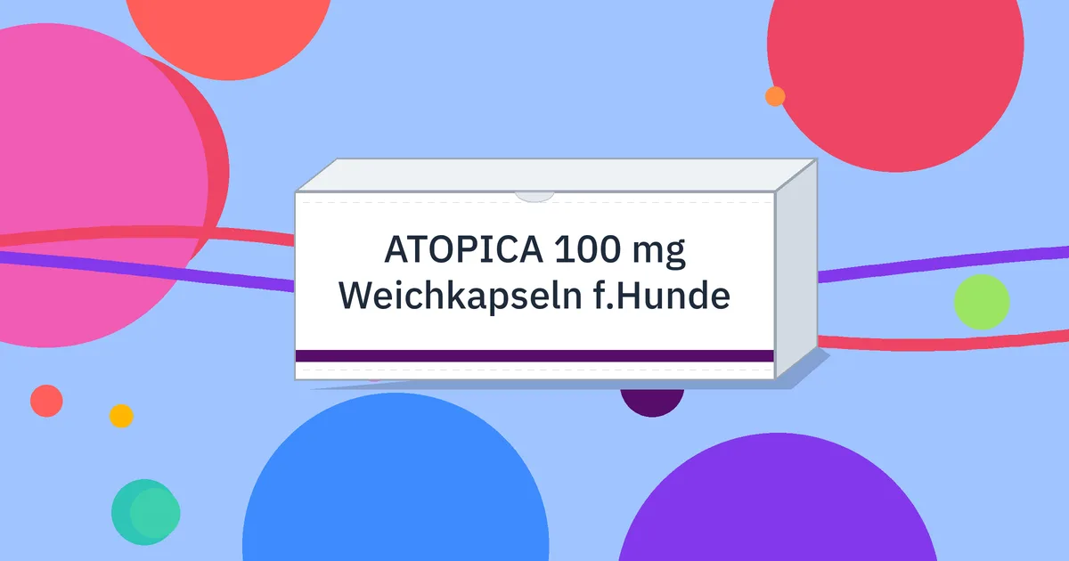 Symbolbild: Packung mit der Aufschrift ATOPICA 100 mg Weichkapseln f.Hunde (PZN 01270629) – Verfügbarkeit und Bezug in Apotheken in Frankfurt am Main