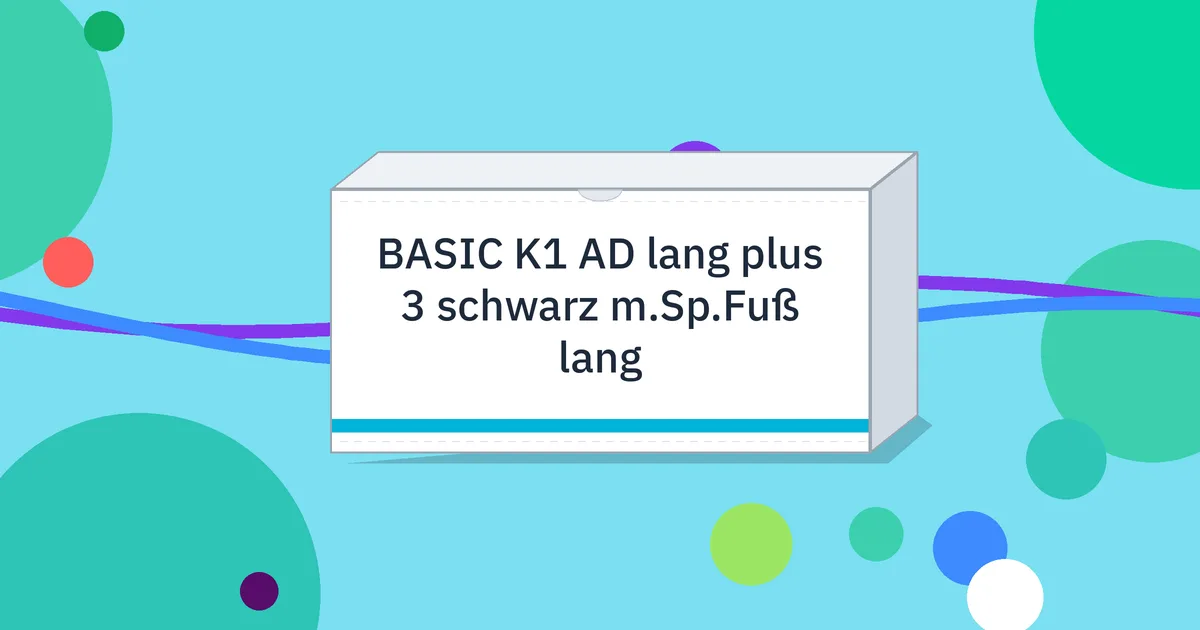 Symbolbild: Packung mit der Aufschrift BASIC K1 AD lang plus 3 schwarz m.Sp.Fuß lang (PZN 20257818) – Verfügbarkeit und Bezug in Apotheken in Frankfurt am Main