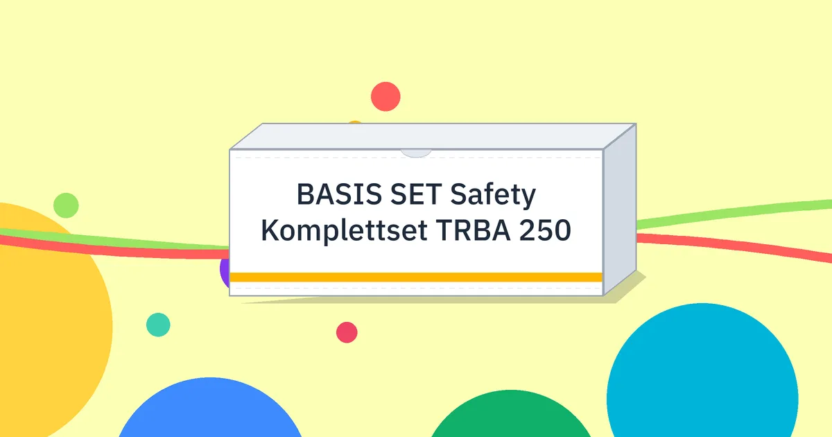 Symbolbild: Packung mit der Aufschrift BASIS SET Safety Komplettset TRBA 250 (PZN 20177373) – Verfügbarkeit und Bezug in Apotheken in Frankfurt am Main