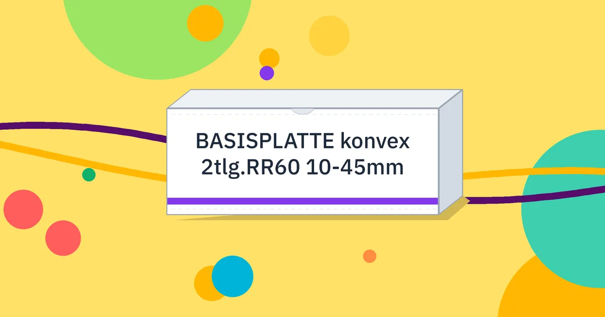 Symbolbild: Packung mit der Aufschrift BASISPLATTE konvex 2tlg.RR60 10-45mm (PZN 10340501) – Verfügbarkeit und Bezug in Apotheken in Frankfurt am Main