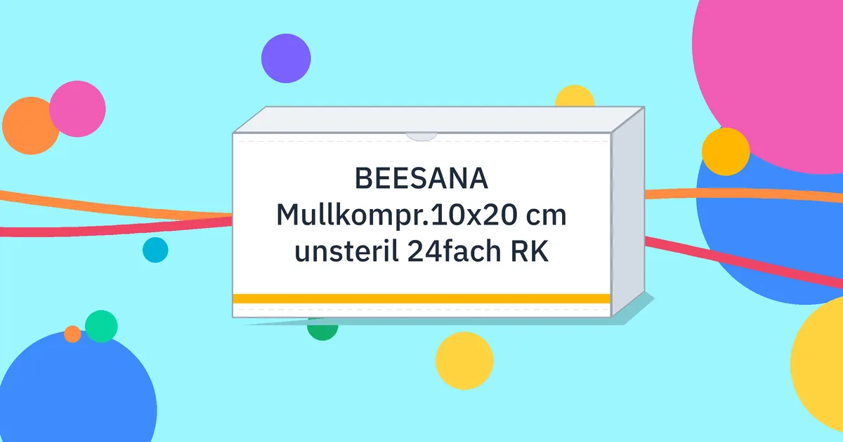 Symbolbild: Packung mit der Aufschrift BEESANA Mullkompr.10x20 cm unsteril 24fach RK (PZN 12348642) – Verfügbarkeit und Bezug in Apotheken in Frankfurt am Main