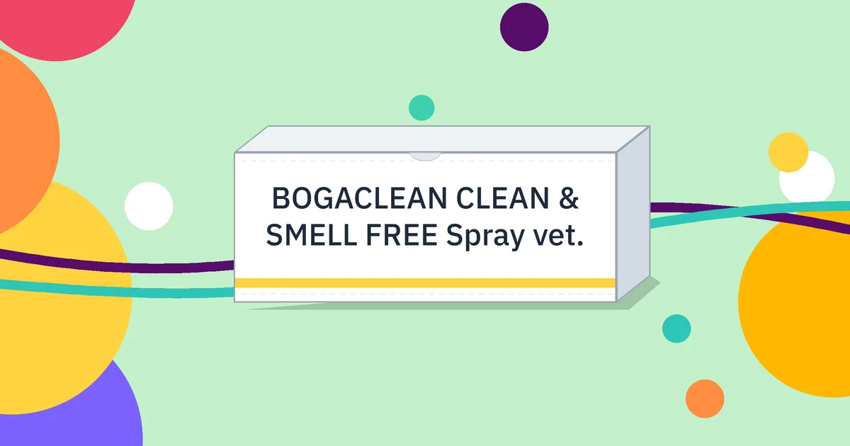 Symbolbild: Packung mit der Aufschrift BOGACLEAN CLEAN & SMELL FREE Spray vet. (PZN 11851770) – Verfügbarkeit und Bezug in Apotheken in Frankfurt am Main