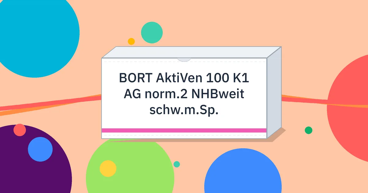 Symbolbild: Packung mit der Aufschrift BORT AktiVen 100 K1 AG norm.2 NHBweit schw.m.Sp. (PZN 14388315) – Verfügbarkeit und Bezug in Apotheken in Frankfurt am Main