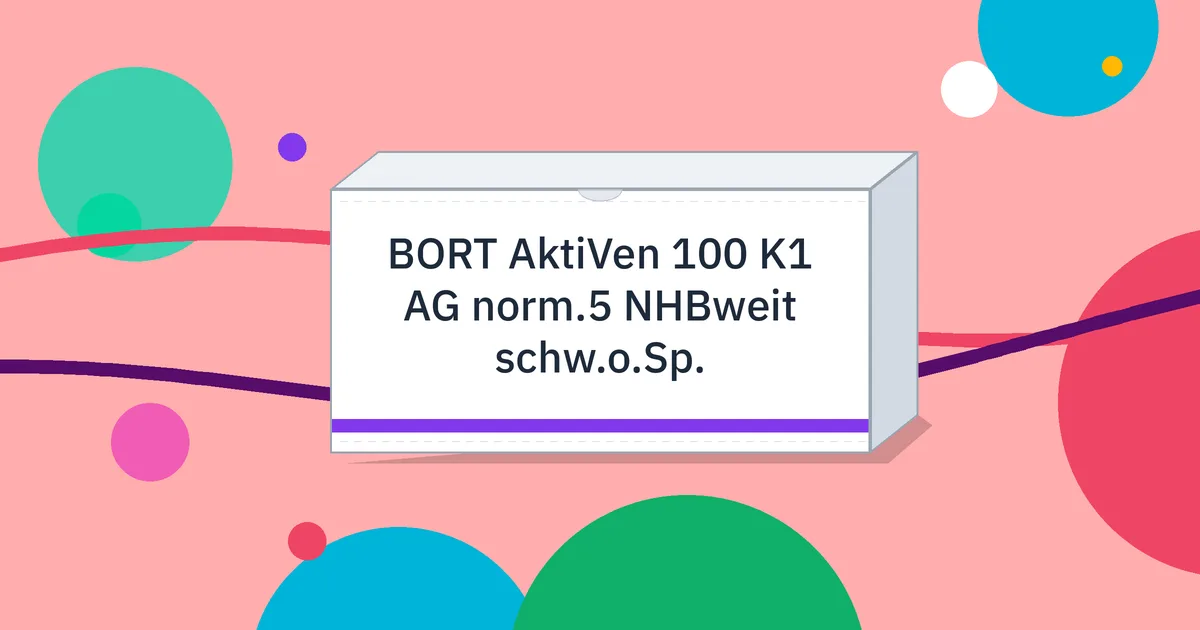 Symbolbild: Packung mit der Aufschrift BORT AktiVen 100 K1 AG norm.5 NHBweit schw.o.Sp. (PZN 14387675) – Verfügbarkeit und Bezug in Apotheken in Frankfurt am Main