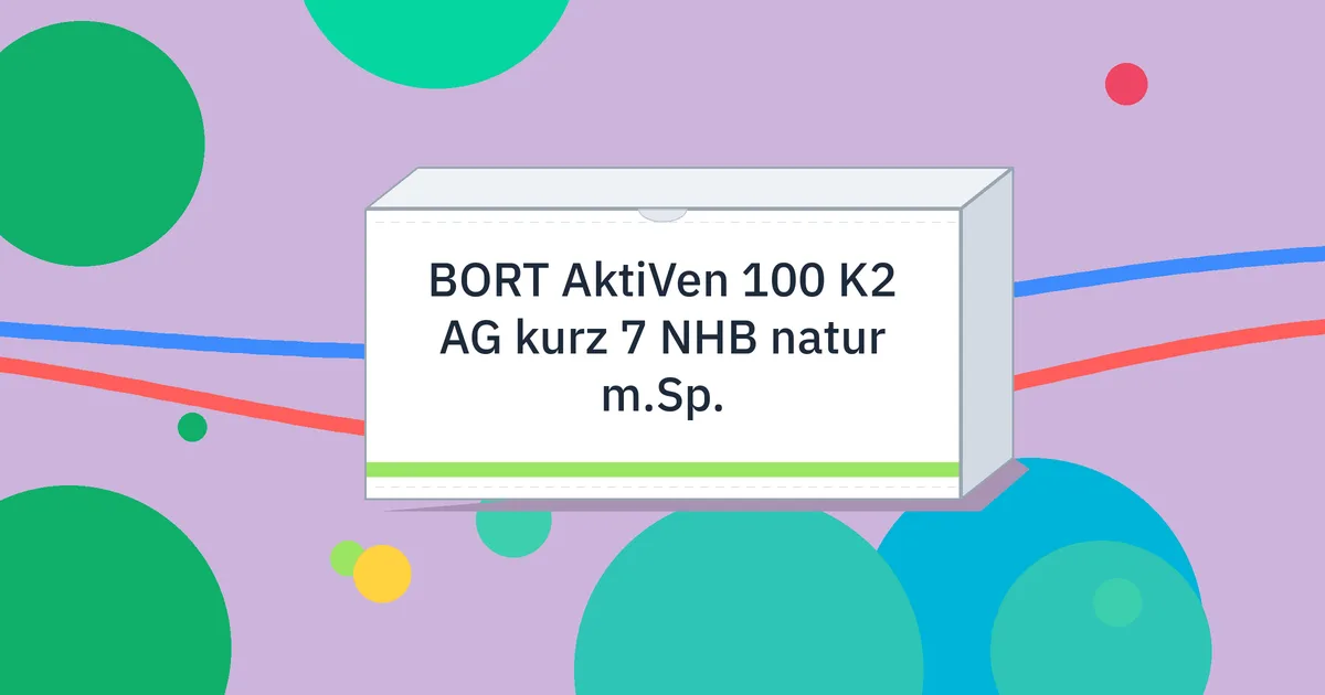 Symbolbild: Packung mit der Aufschrift BORT AktiVen 100 K2 AG kurz 7 NHB natur m.Sp. (PZN 13730616) – Verfügbarkeit und Bezug in Apotheken in Frankfurt am Main