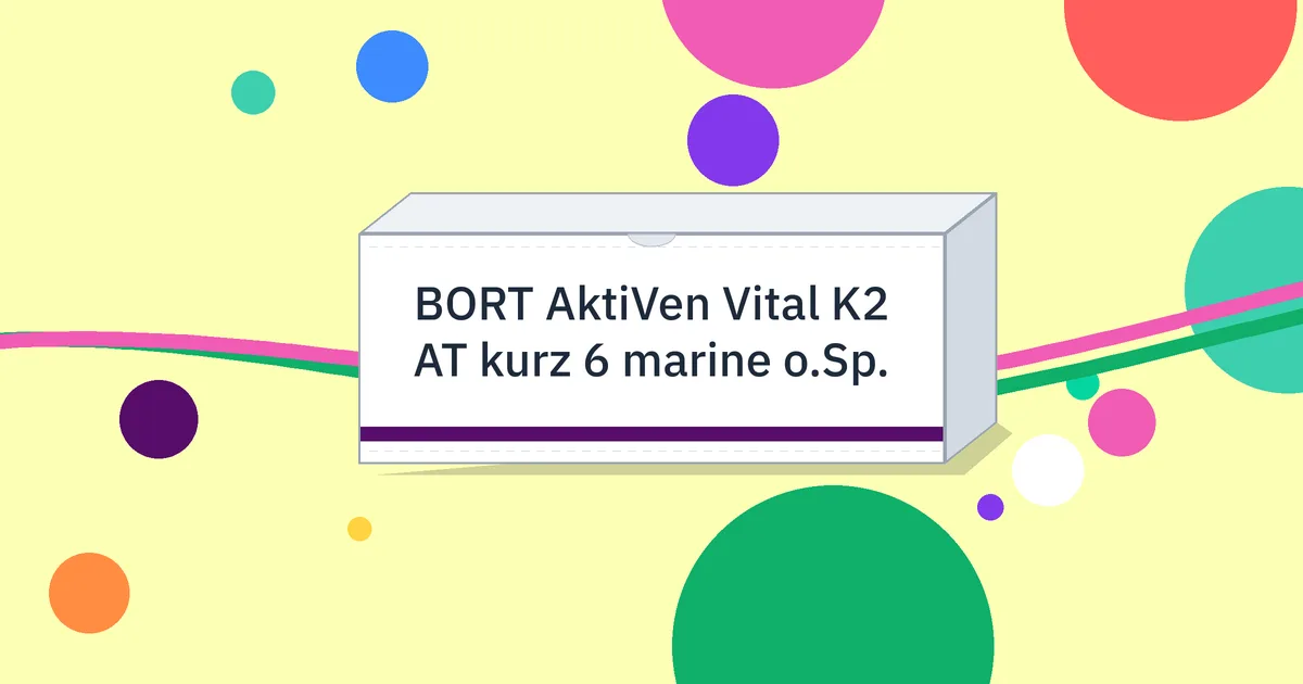 Symbolbild: Packung mit der Aufschrift BORT AktiVen Vital K2 AT kurz 6 marine o.Sp. (PZN 13741809) – Verfügbarkeit und Bezug in Apotheken in Frankfurt am Main