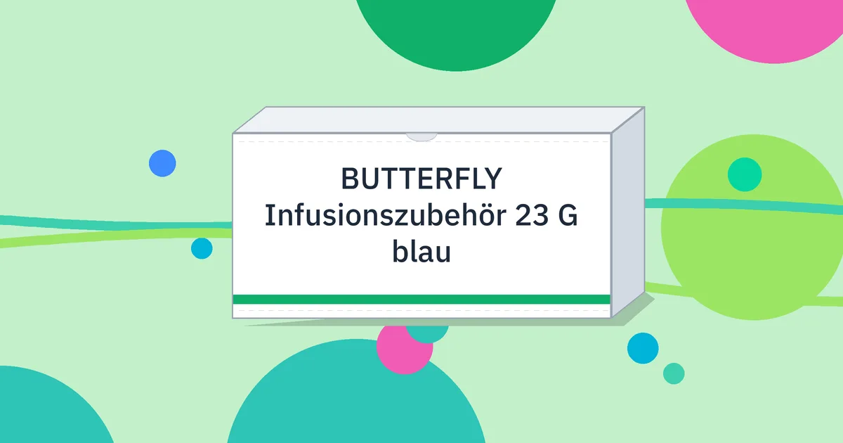 Symbolbild: Packung mit der Aufschrift BUTTERFLY Infusionszubehör 23 G blau (PZN 08482613) – Verfügbarkeit und Bezug in Apotheken in Frankfurt am Main