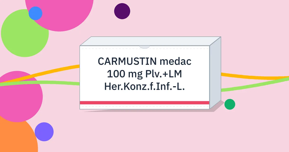 Symbolbild: Packung mit der Aufschrift CARMUSTIN medac 100 mg Plv.+LM Her.Konz.f.Inf.-L. (PZN 19222625) – Verfügbarkeit und Bezug in Apotheken in Frankfurt am Main