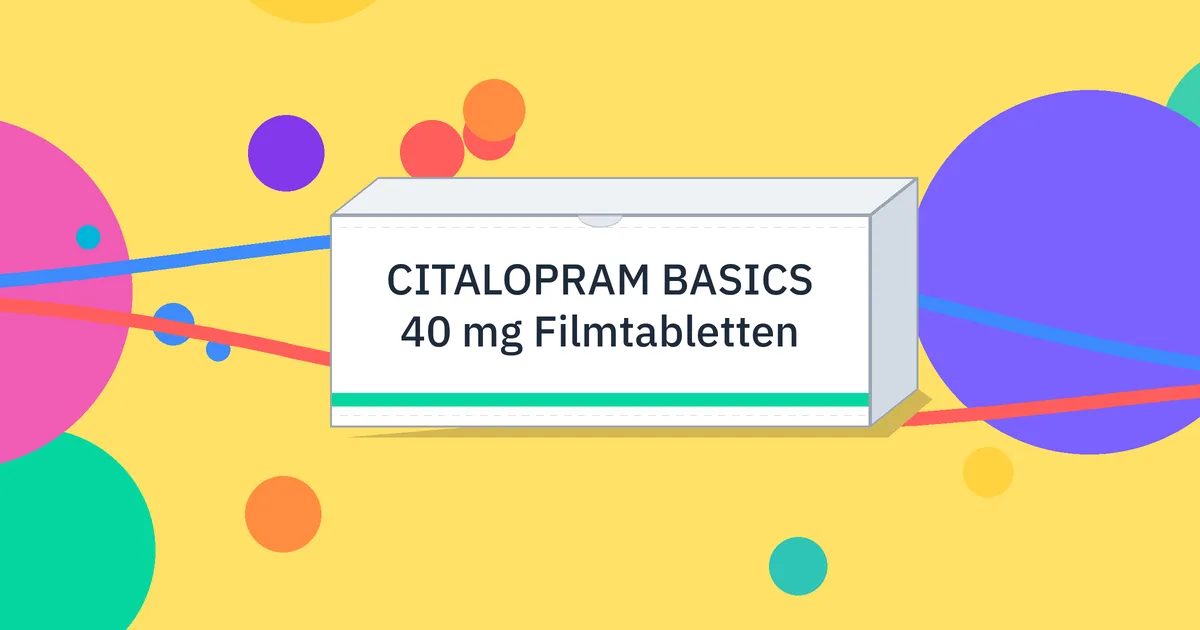 Symbolbild: Packung mit der Aufschrift CITALOPRAM BASICS 40 mg Filmtabletten (PZN 04085045) – Verfügbarkeit und Bezug in Apotheken in Frankfurt am Main