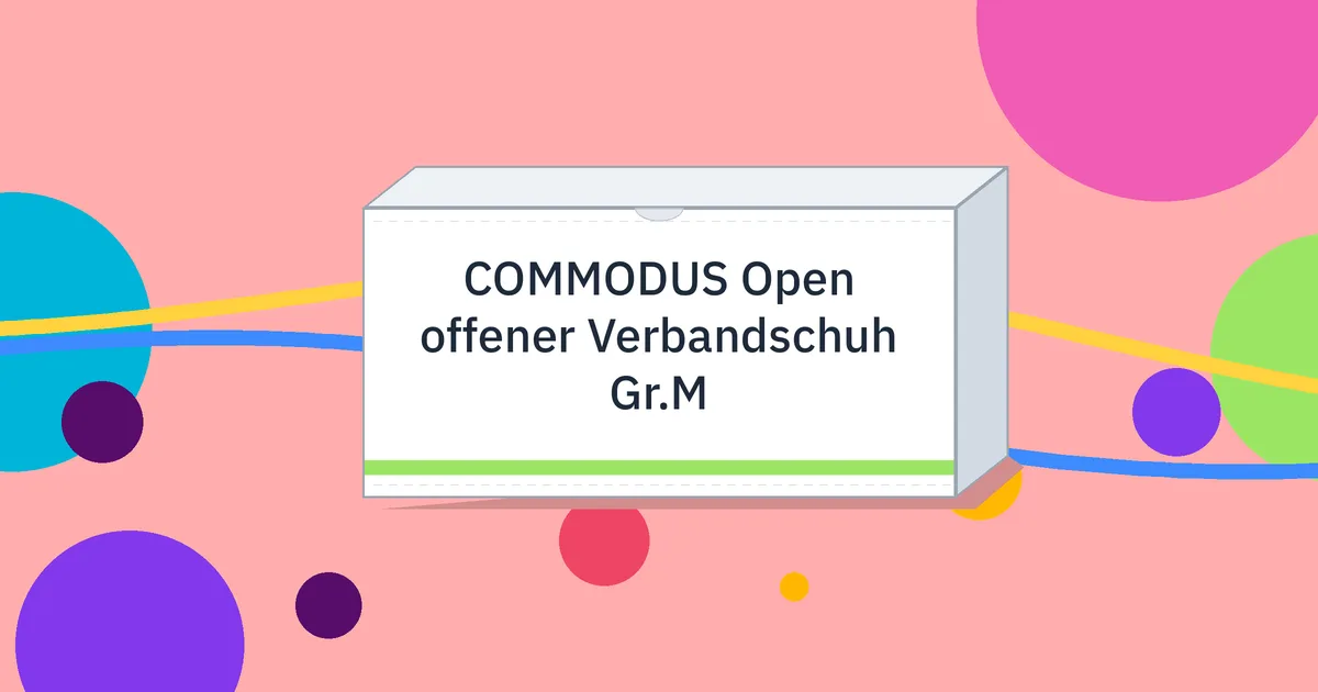 Symbolbild: Packung mit der Aufschrift COMMODUS Open offener Verbandschuh Gr.M (PZN 16744398) – Verfügbarkeit und Bezug in Apotheken in Frankfurt am Main