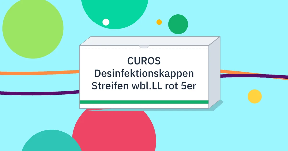 Symbolbild: Packung mit der Aufschrift CUROS Desinfektionskappen Streifen wbl.LL rot 5er (PZN 18398316) – Verfügbarkeit und Bezug in Apotheken in Frankfurt am Main