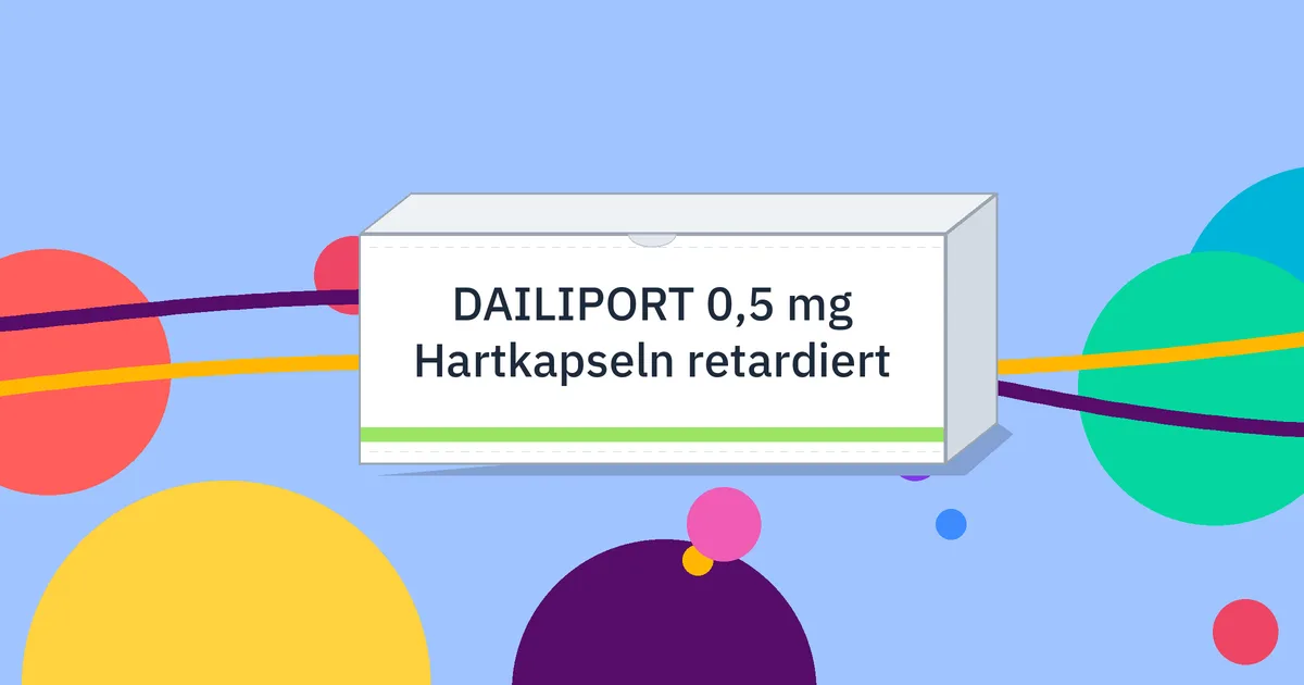 Symbolbild: Packung mit der Aufschrift DAILIPORT 0,5 mg Hartkapseln retardiert (PZN 18061143) – Verfügbarkeit und Bezug in Apotheken in Frankfurt am Main