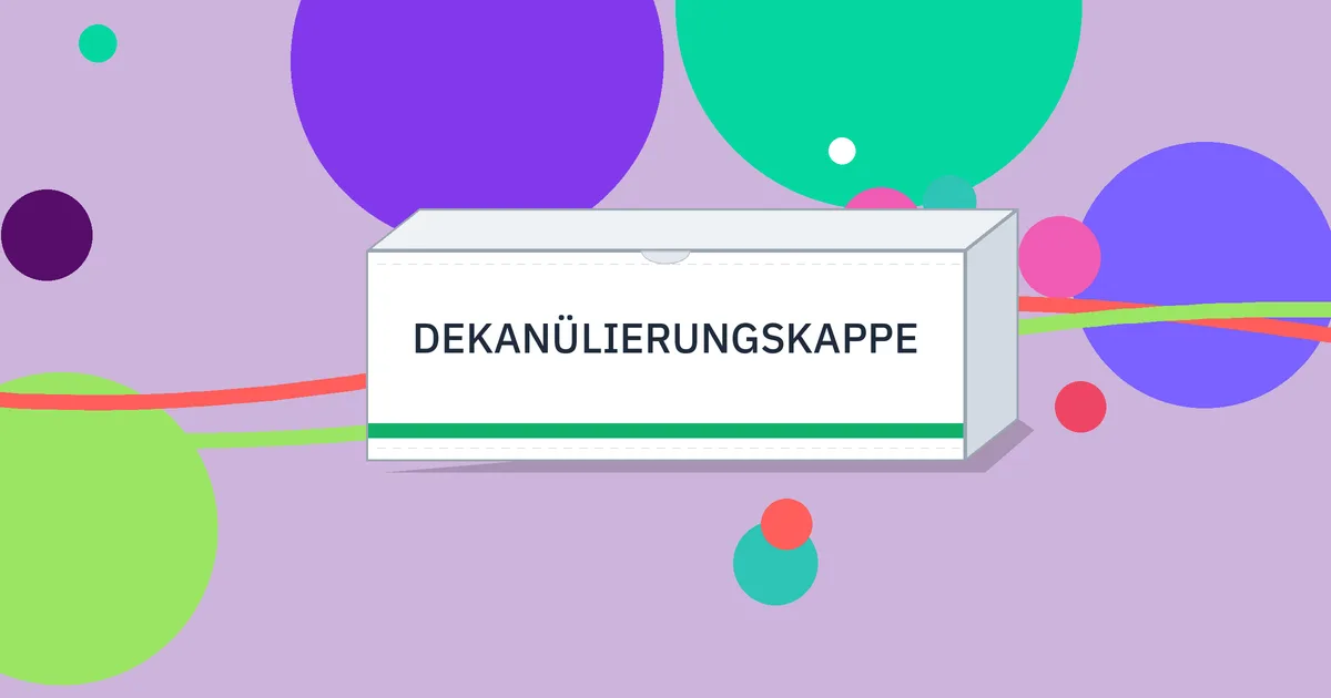 Symbolbild: Packung mit der Aufschrift DEKANÜLIERUNGSKAPPE (PZN 10143628) – Verfügbarkeit und Bezug in Apotheken in Frankfurt am Main