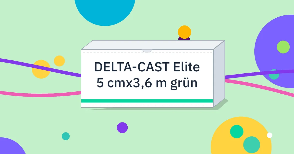 Symbolbild: Packung mit der Aufschrift DELTA-CAST Elite 5 cmx3,6 m grün (PZN 05382644) – Verfügbarkeit und Bezug in Apotheken in Frankfurt am Main