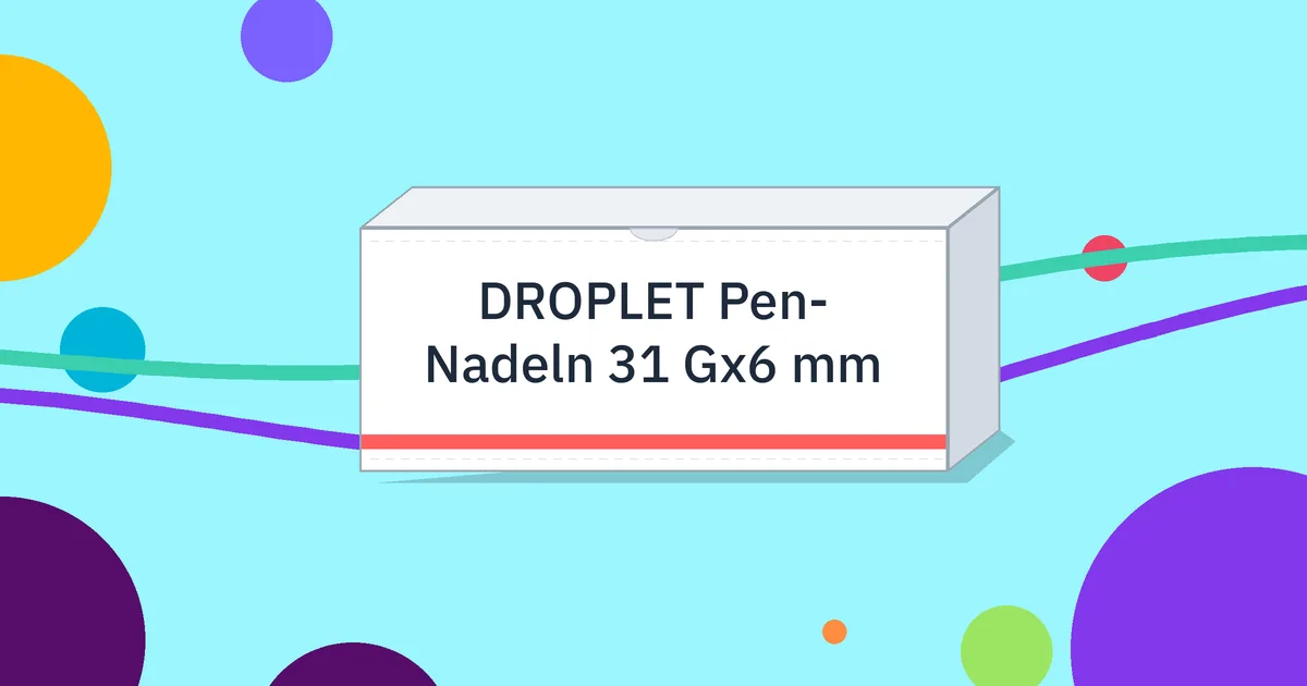 Symbolbild: Packung mit der Aufschrift DROPLET Pen-Nadeln 31 Gx6 mm (PZN 13900627) – Verfügbarkeit und Bezug in Apotheken in Frankfurt am Main