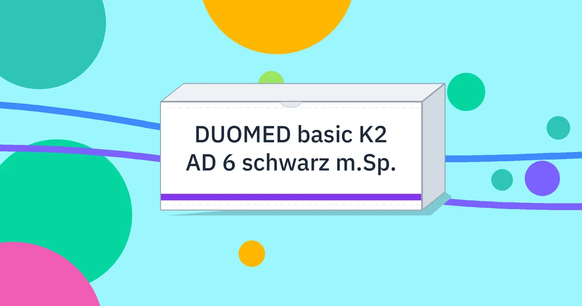 Symbolbild: Packung mit der Aufschrift DUOMED basic K2 AD 6 schwarz m.Sp. (PZN 20906903) – Verfügbarkeit und Bezug in Apotheken in Frankfurt am Main