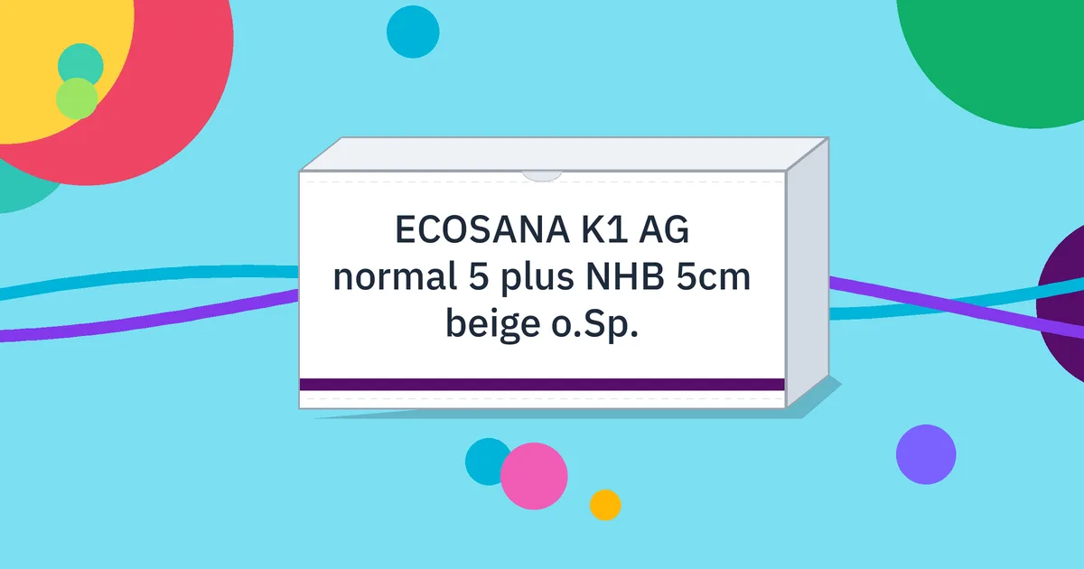 Symbolbild: Packung mit der Aufschrift ECOSANA K1 AG normal 5 plus NHB 5cm beige o.Sp. (PZN 04729146) – Verfügbarkeit und Bezug in Apotheken in Frankfurt am Main