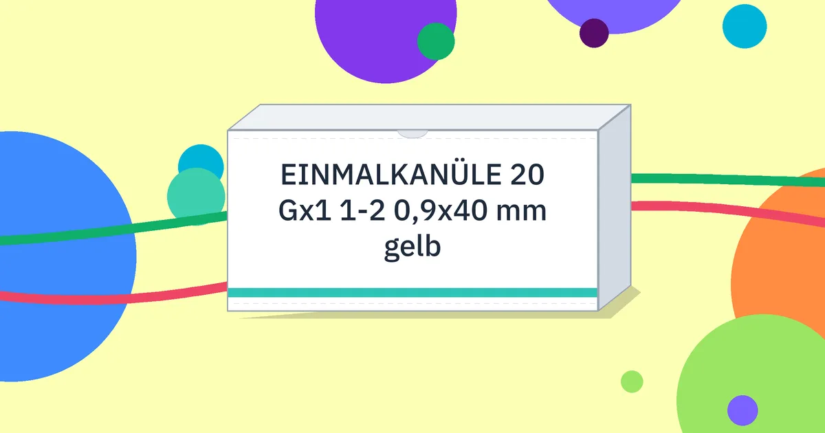 Symbolbild: Packung mit der Aufschrift EINMALKANÜLE 20 Gx1 1-2 0,9x40 mm gelb (PZN 18717483) – Verfügbarkeit und Bezug in Apotheken in Frankfurt am Main